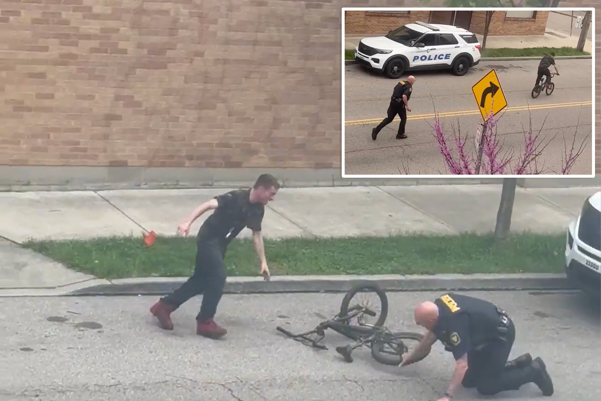 Winded cop struggles to chase down bike-riding rebel in viral cat-and ...