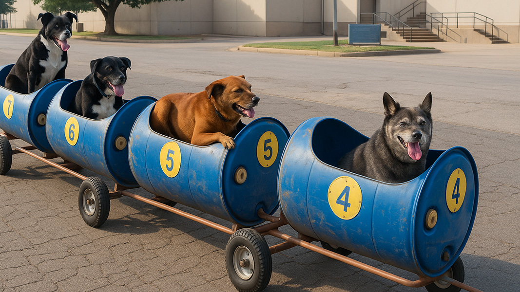 Dogs ride together in a small train
