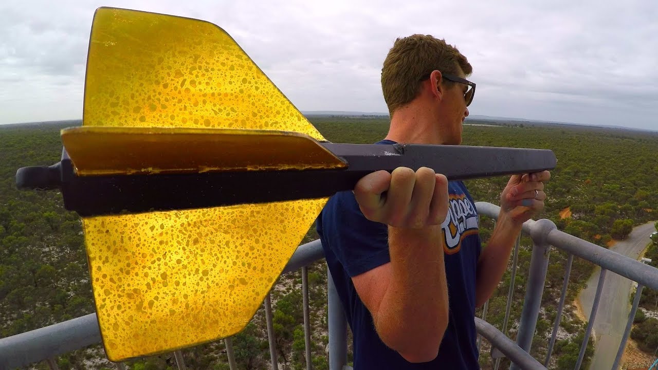Watch what happens when a giant dart hits concrete from 150 ft