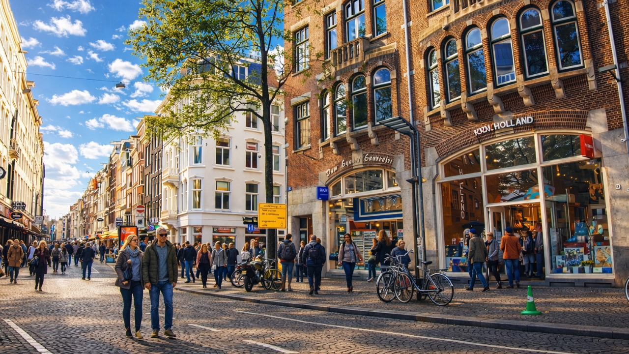Jalan kaki di pusat kota Amsterdam: Toko dan jalanan (4K)