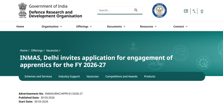 DRDO INMAS apprentice recruitment 2026: Apply for graduate, diploma ...