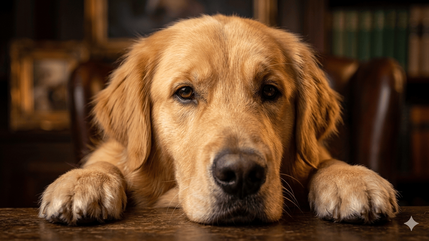 Golden retriever waiting for breakfast like a boss