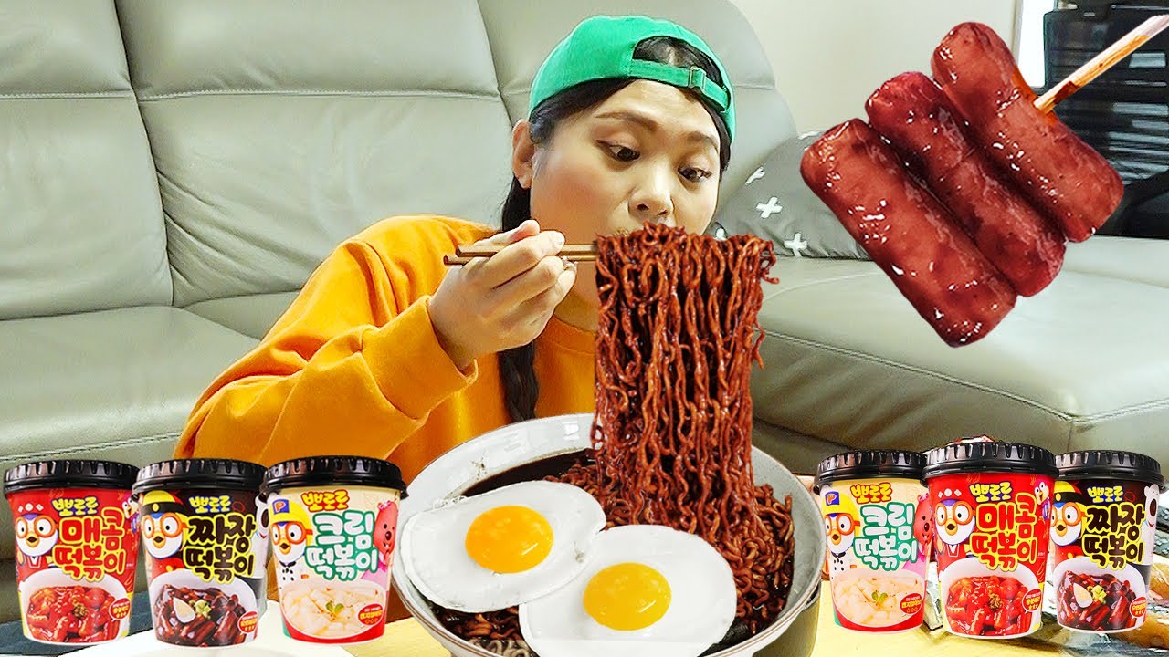 Mie hitam pororo pedas tteokbokki mukbang DONA