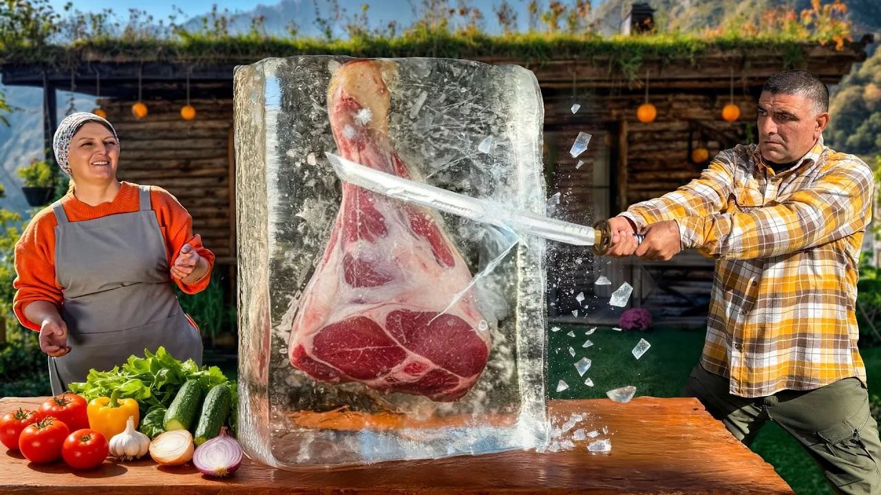 How a katana slices through a giant beef leg