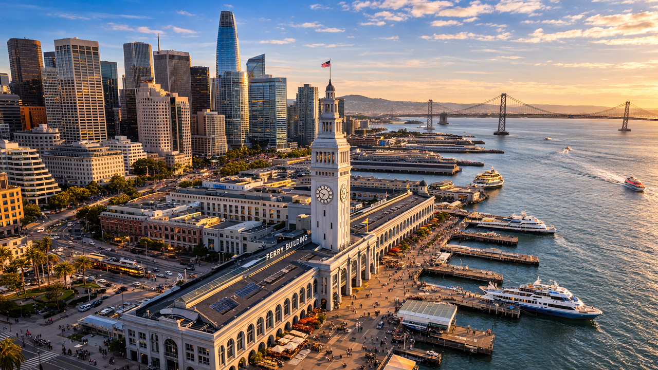 San Francisco Ferry Building en Bay Bridge van bovenaf