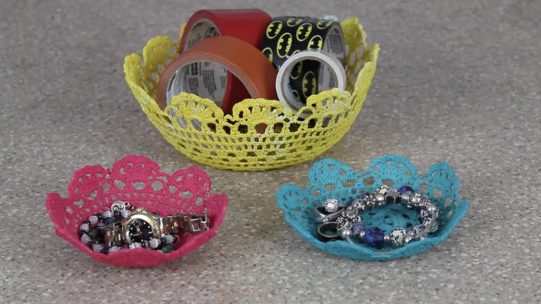 Turn vintage doilies into stylish countertop storage with this DIY