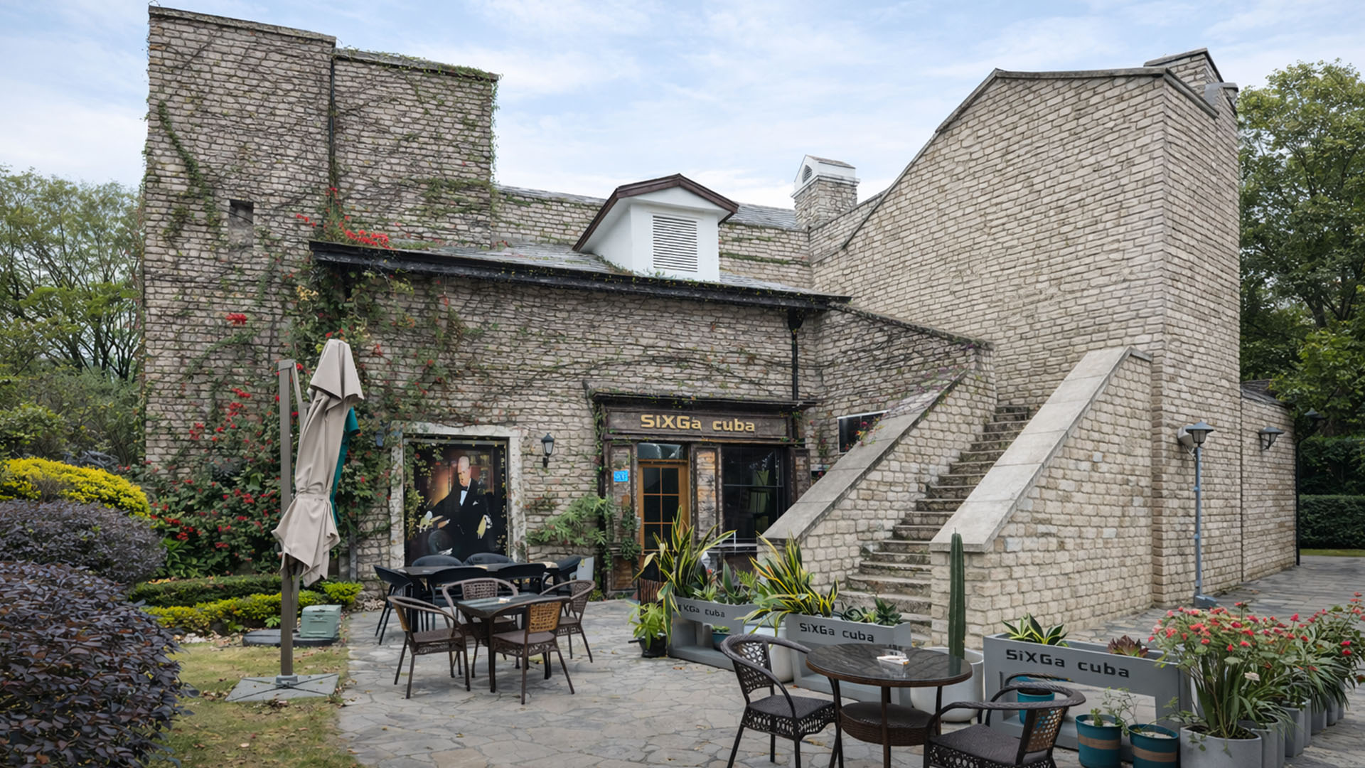 Quiet garden spot features a stone building in China city area