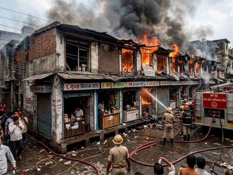 शाहजहांपुर में 10 दुकानें जलकर खाक—शॉर्ट सर्किट की आशंका, लाखों का नुकसान