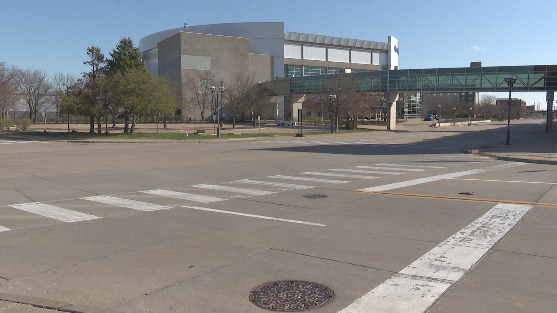 Stop light coming to intersection outside Vibrant Arena