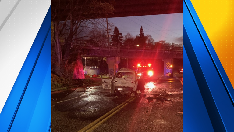 6 people hurt in crash, van fire under I-5 bridge in North Portland