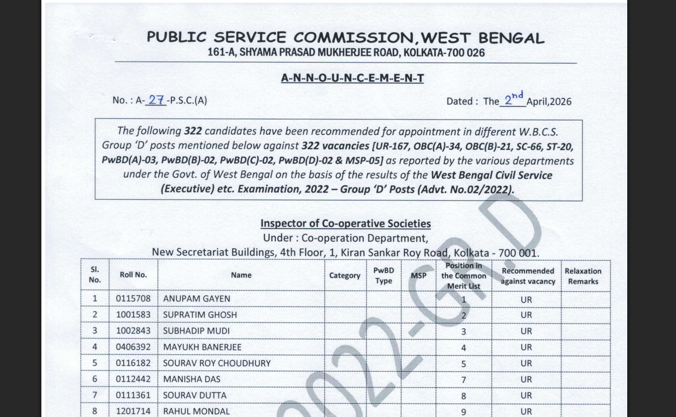 WBPSC Group D result 2026 released at psc.wb.gov.in: Direct link to ...