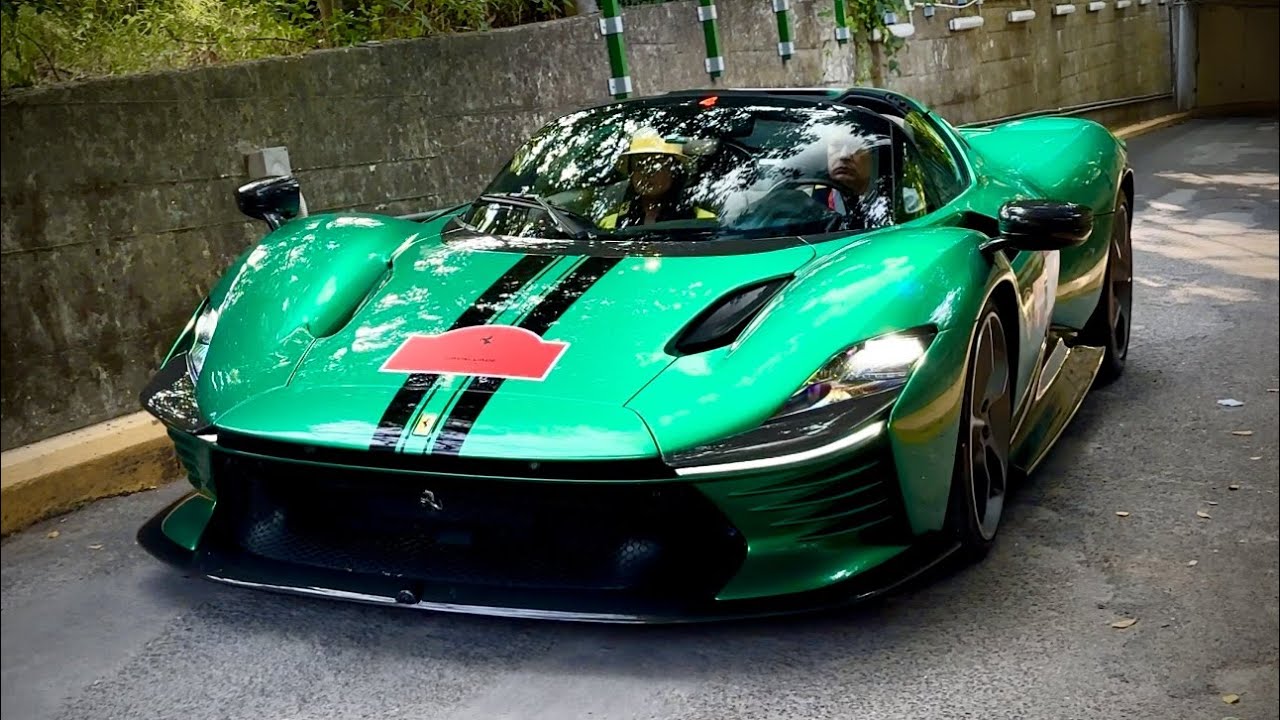Ferrari SP3 Daytona green hypercar driving through city streets