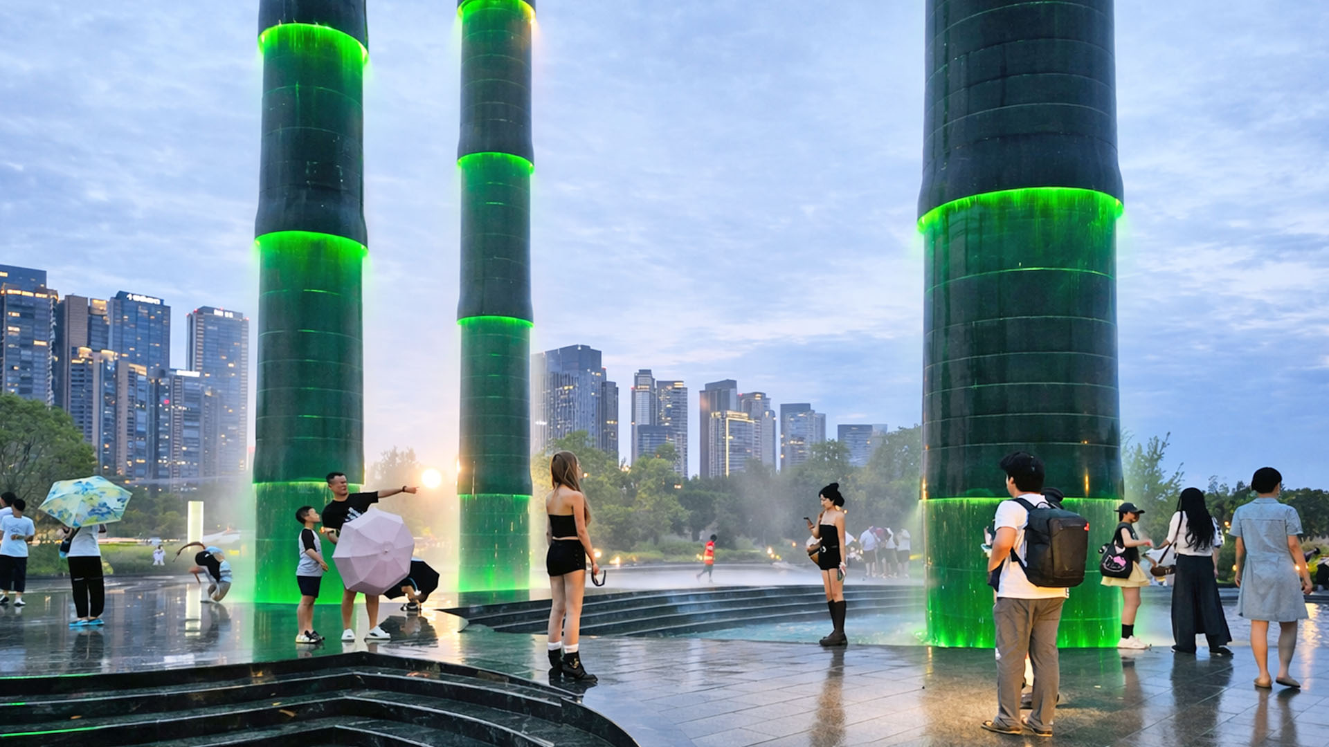 An open space with water columns becomes a photo spot in China