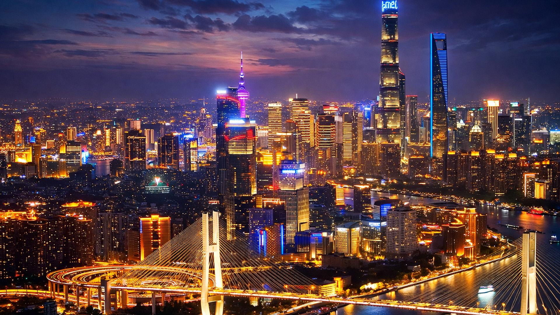 Una ciudad de rascacielos iluminando la noche en Shanghái