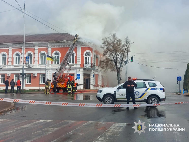 Russia strikes city hall in Ukraine's Pryluky, building engulfed in flames