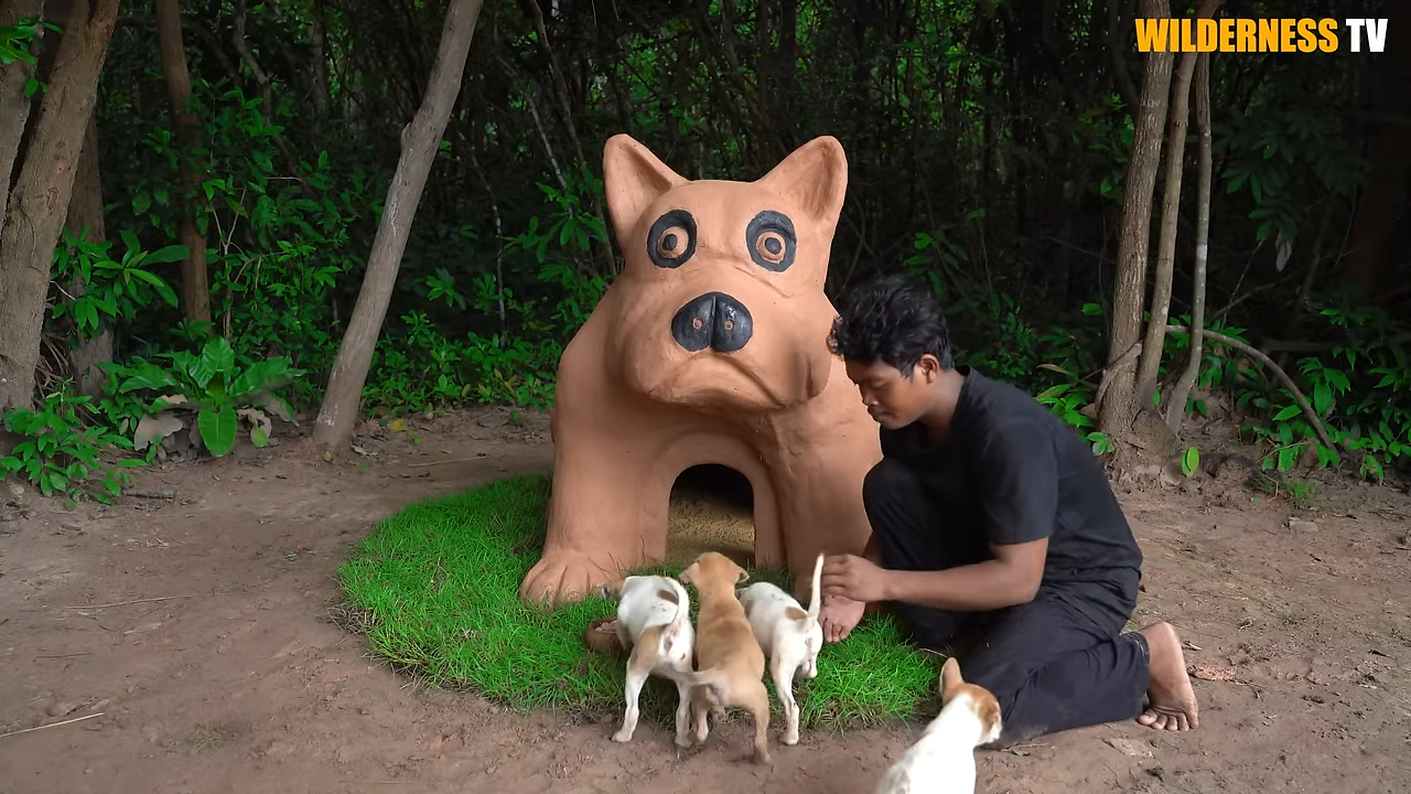 Watch scared little puppies finally sleep safe in their pug mud house