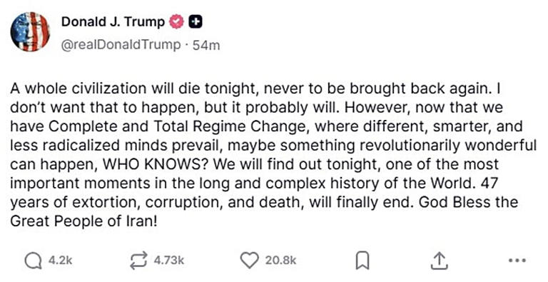 Trump says 'whole civilisation will die tonight' if Iran ultimatum expires
