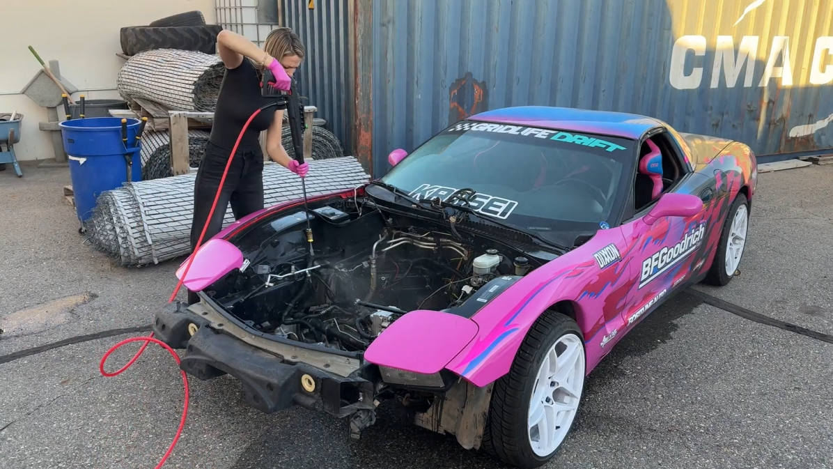 Pressure washing a Corvette engine bay