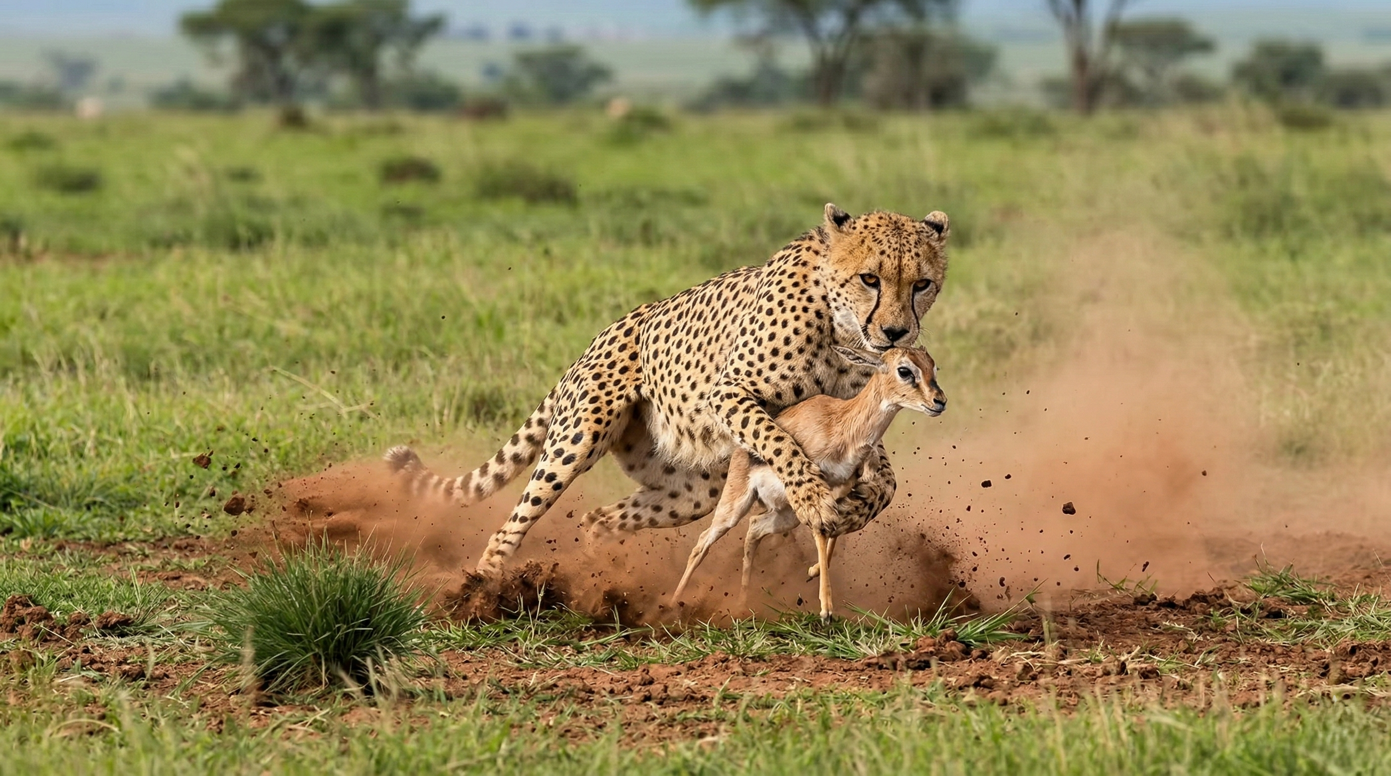 Watch what happens when a cheetah trips its prey at full sprint