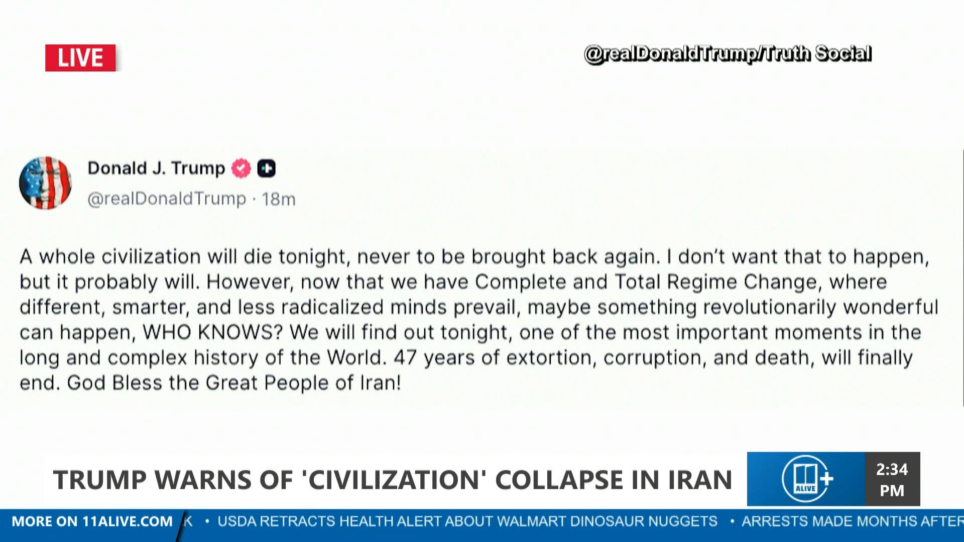Trump warns of 'civilization' collapse as deadline nears