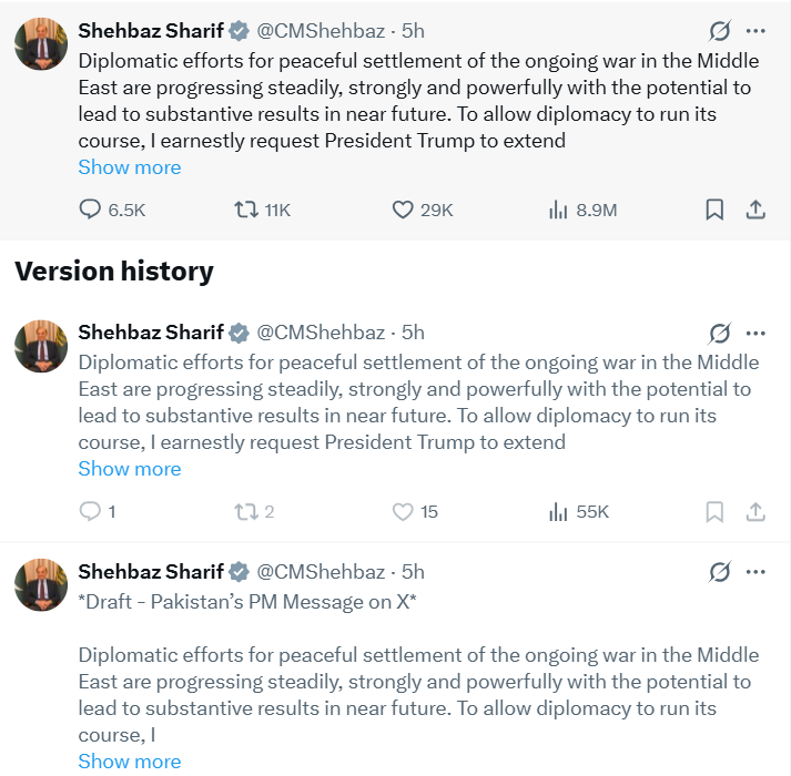 ‘Draft’ tag in Pakistan PM Shehbaz Sharif’s X post edit history raises ...