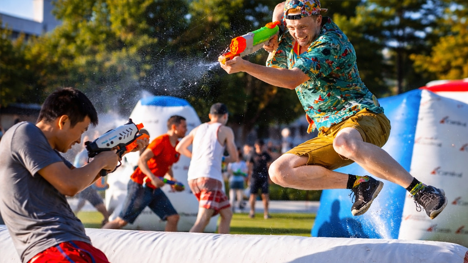 Parkour chase scene shows water fight action