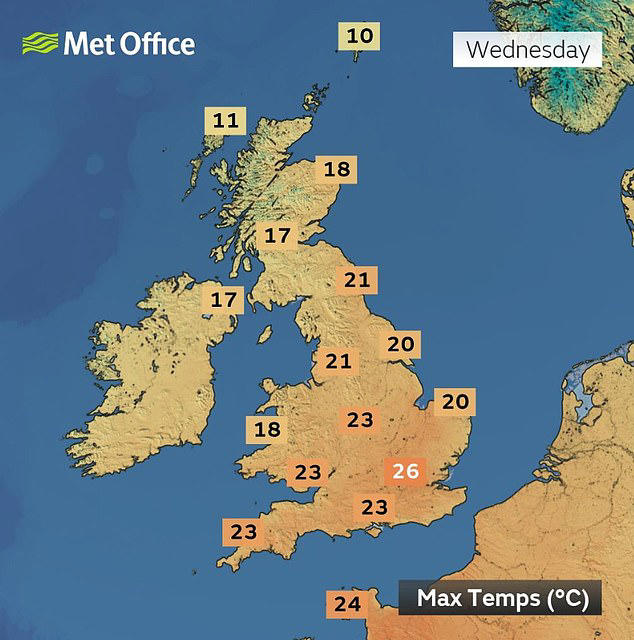 UK weather map reveals where the mercury is expected to hit 26C today