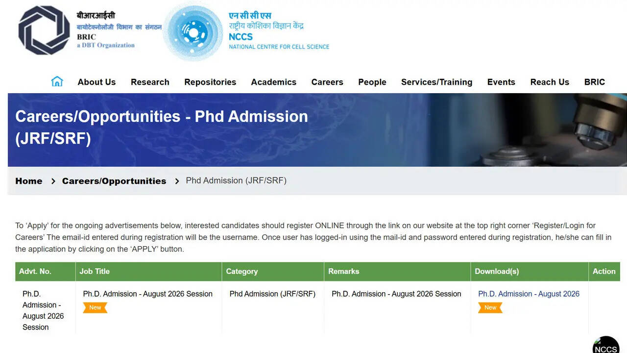 NCCS Ph.D admissions 2026 begin under BRIC, DBT, CSIR, UGC, and BINC ...