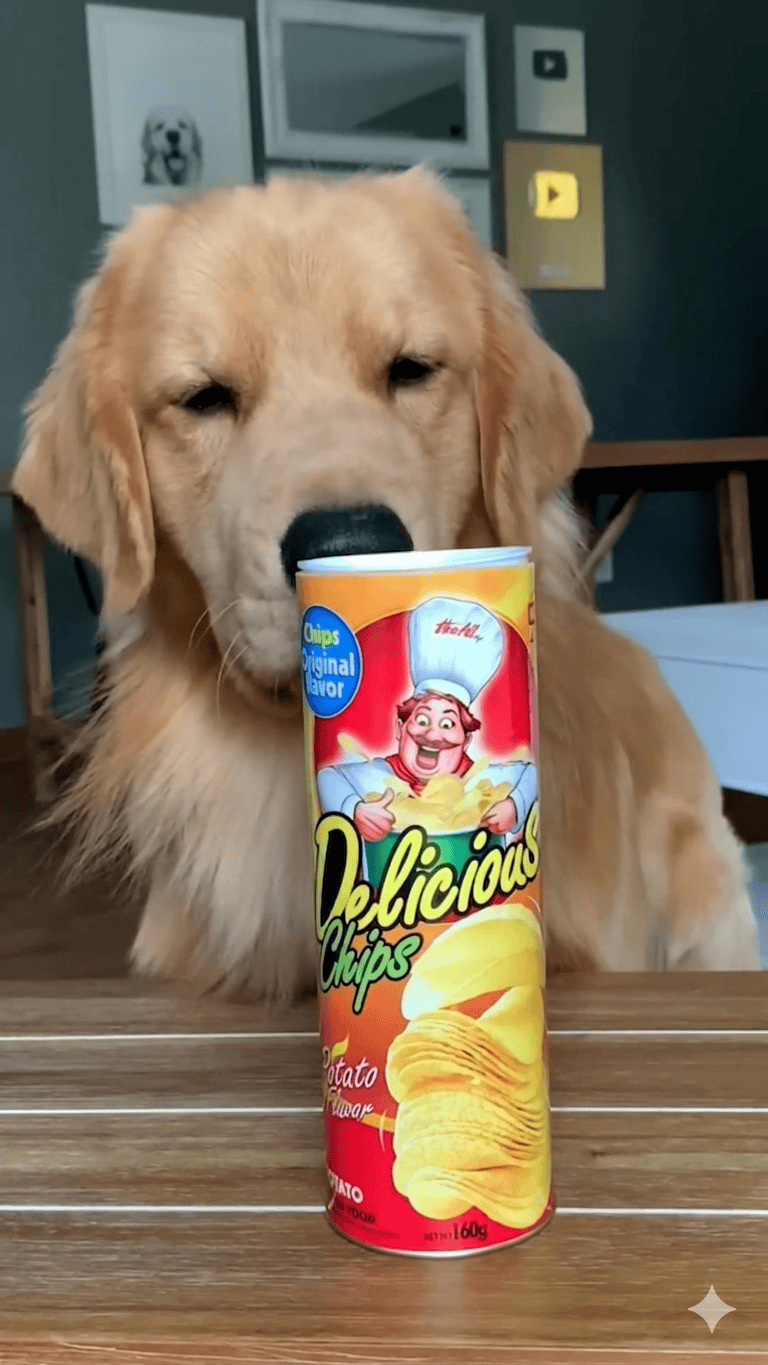 Golden retriever reviews chips like a food critic