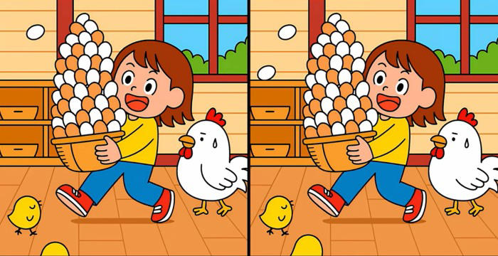 Spot 3 differences in girl carrying basket of eggs in just 45 seconds