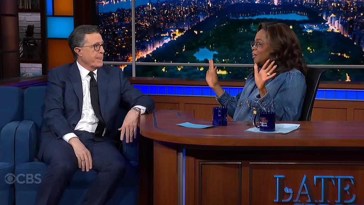 Oprah Winfrey swaps seats with Stephen Colbert in emotional exit ...