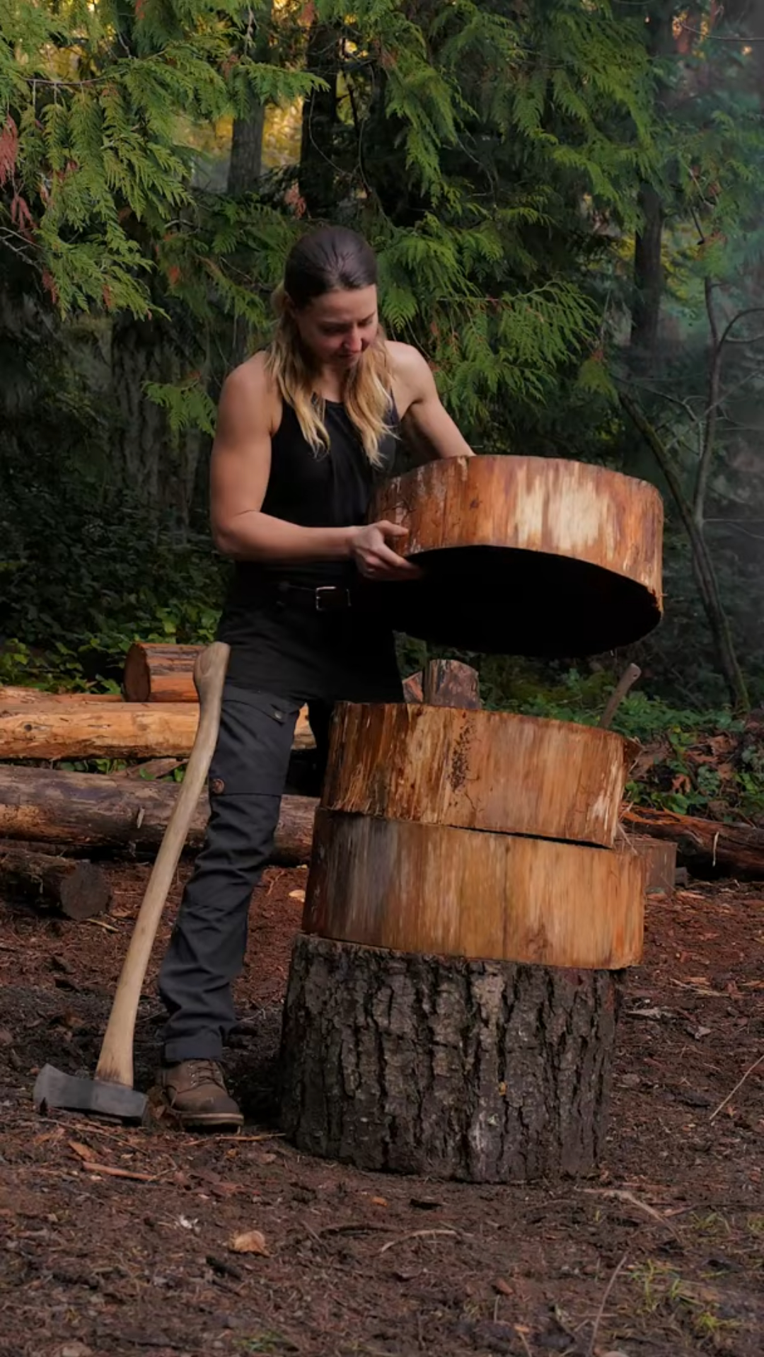 Chopping cedar cookies into kindling crumbles