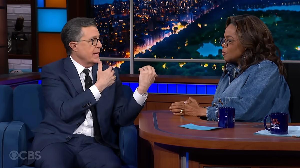 Oprah Winfrey swaps seats with Stephen Colbert in emotional exit ...