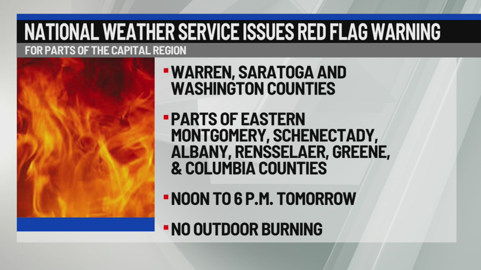 Red flag warning issued in Capital Region, Hudson Valley