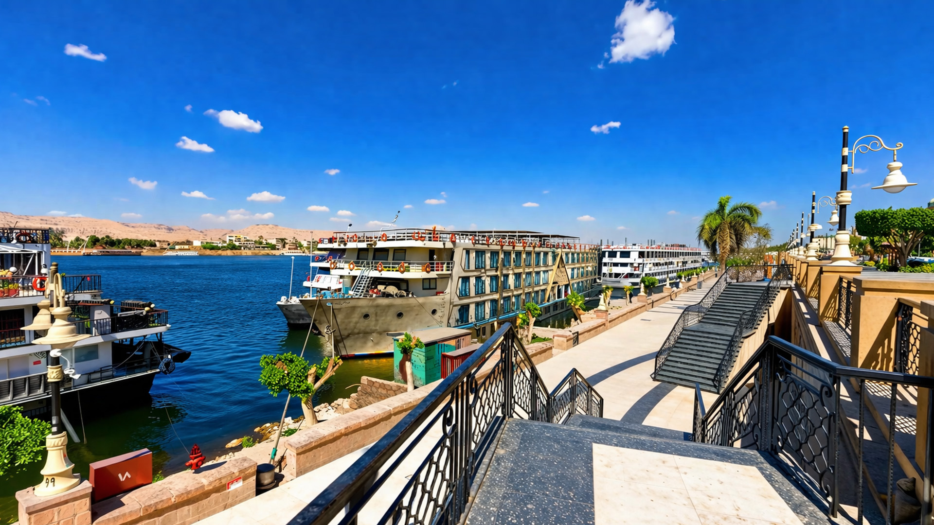 Luxor Egypt Nile promenade scenic walk (4K)