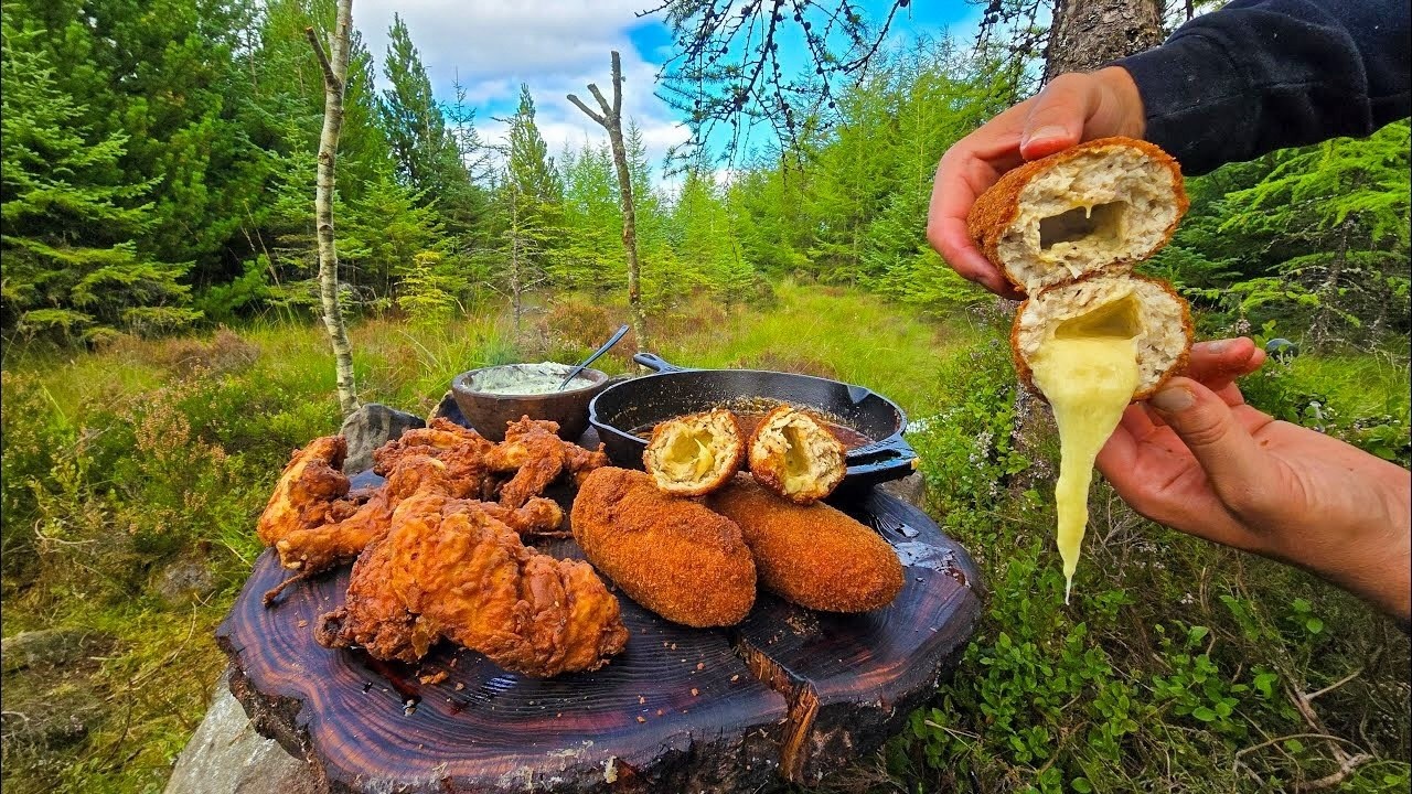 What happens when fried chicken turns golden over an open fire
