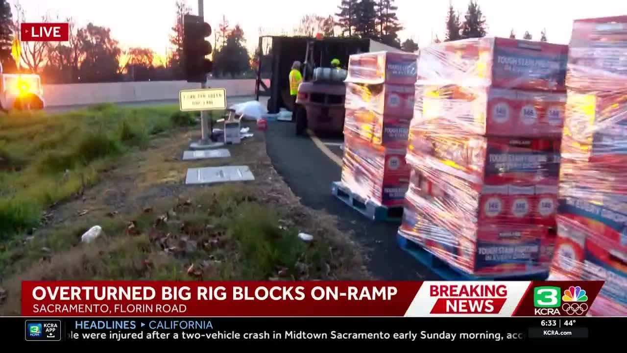 Big rig carrying liquid detergent overturns on Sacramento I-5 on-ramp