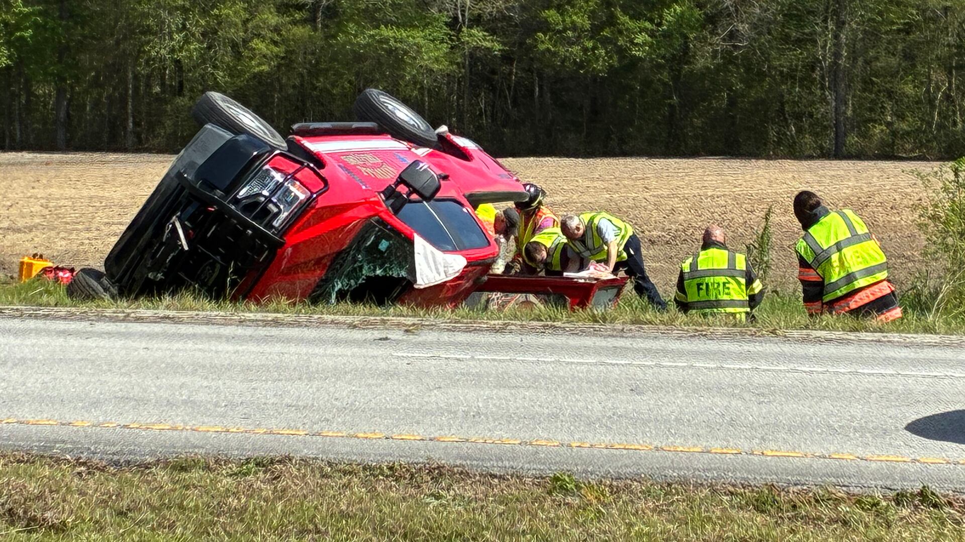 Firefighter injured after fire truck rolls over in Onslow County