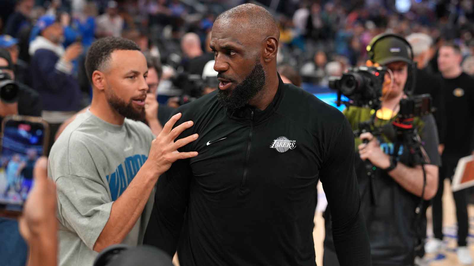 Lakers’ LeBron James reacts to not facing Warriors’ Stephen Curry the ...