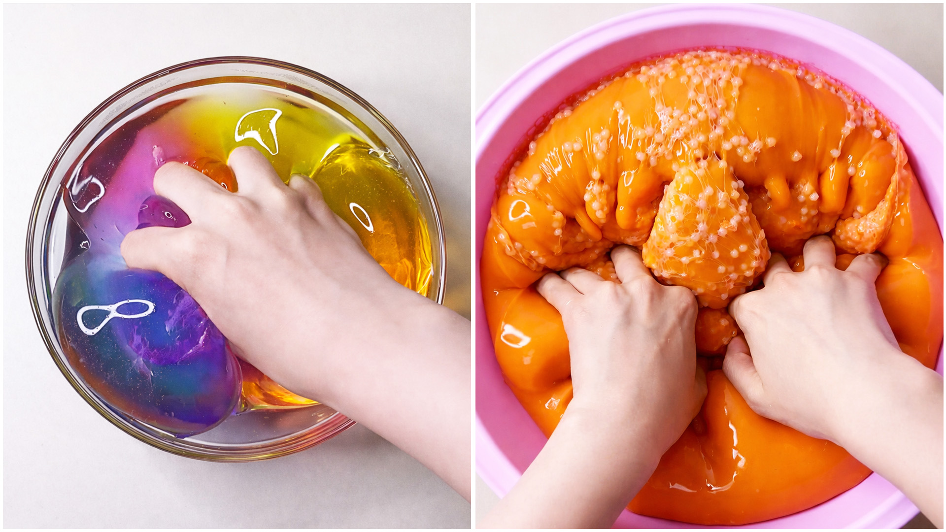 Colorful glossy slime mixing and crunchy texture play