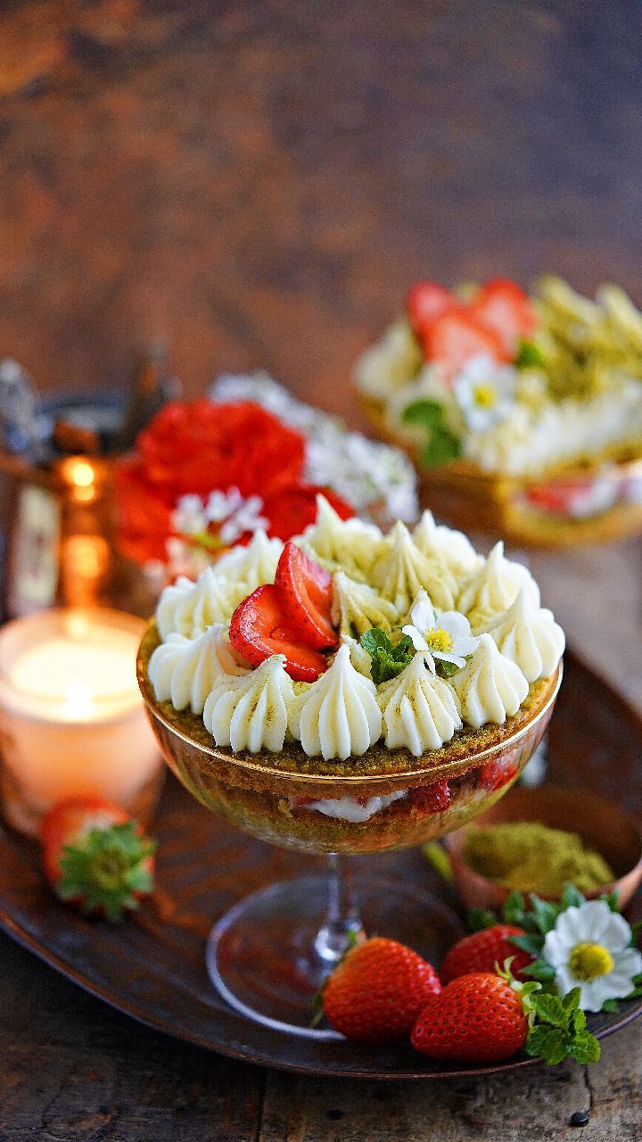 Eggless matcha strawberry trifles light and creamy dessert