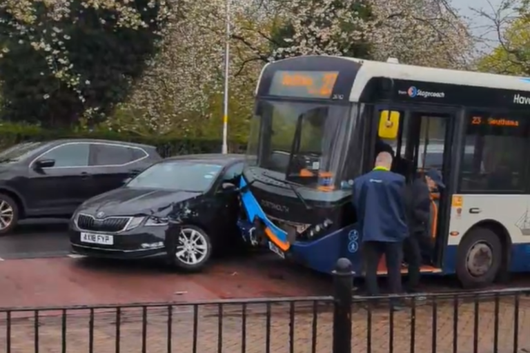 Stagecoach bus crashes into black Skoda outside McDonald's in Cosham as ...