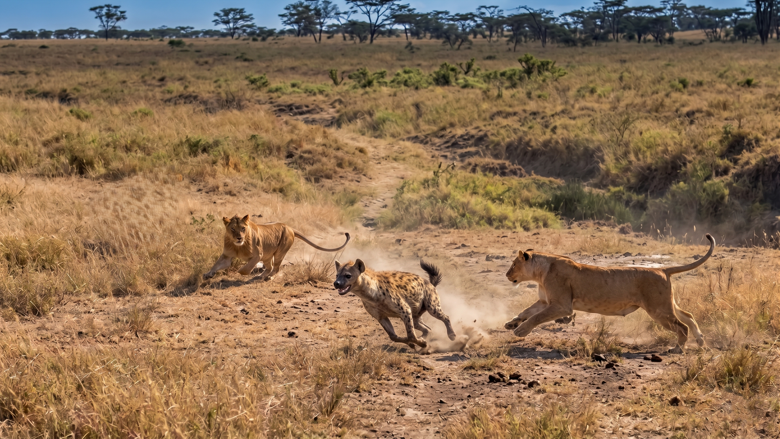 Watch what happens when two lionesses chase down a hyena