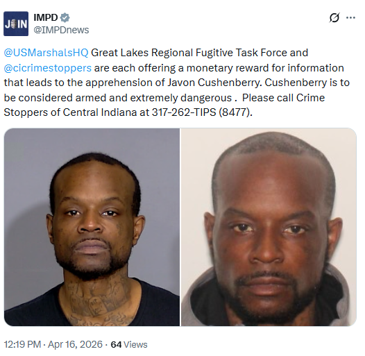 Indianapolis murder suspect Javon Cushenberry remains at large, reward ...