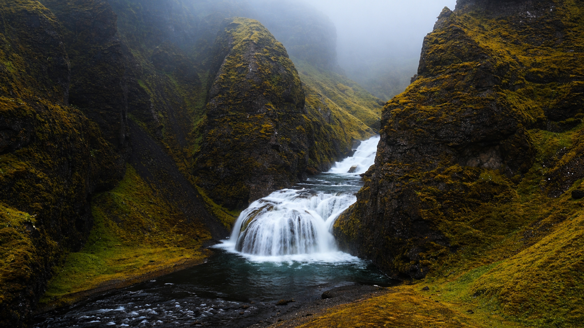Hidden waterfall flowing through mossy mountain canyon