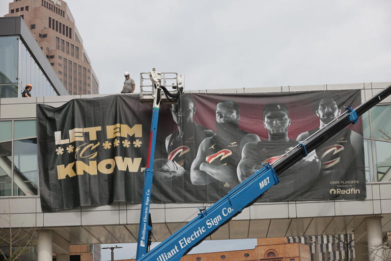 NBA playoff season is here: Cavs banners pop up around downtown ...