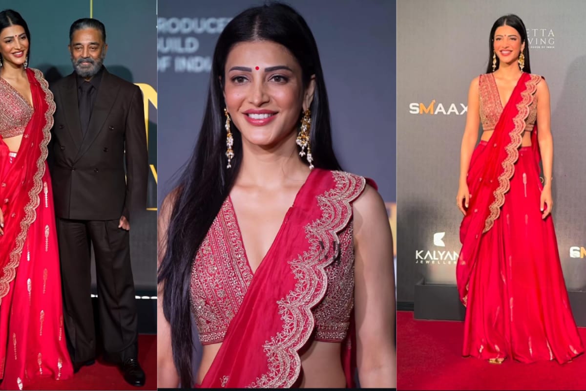 Shruti Haasan slays in crimson cocktail saree bringing modern maharani ...