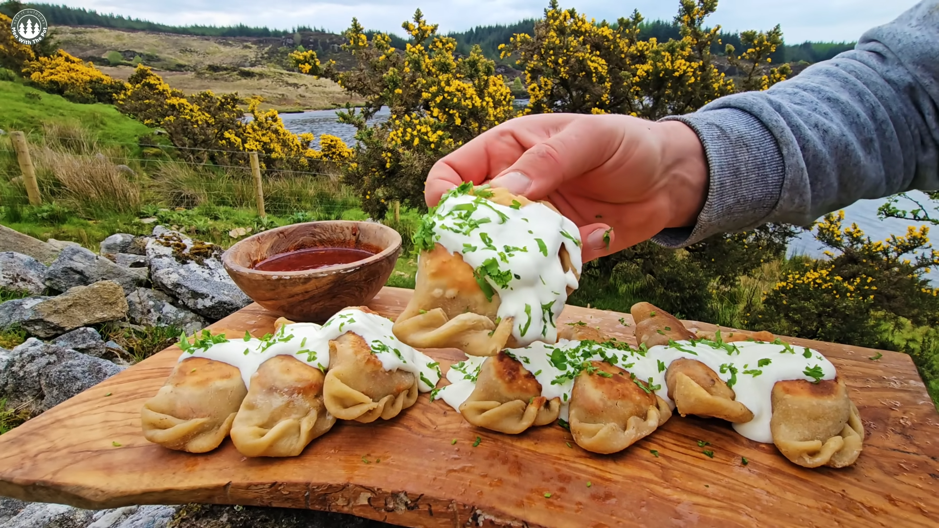 Mira cómo estos dumplings de pollo BBQ quedan perfectos junto al lago