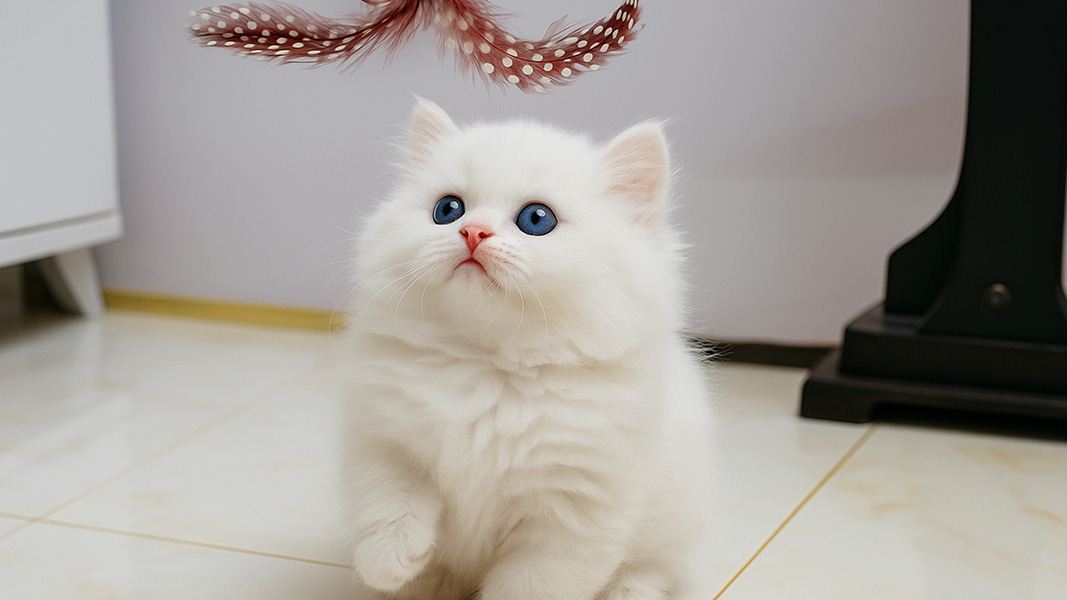 Kitten watches feather toy with focus