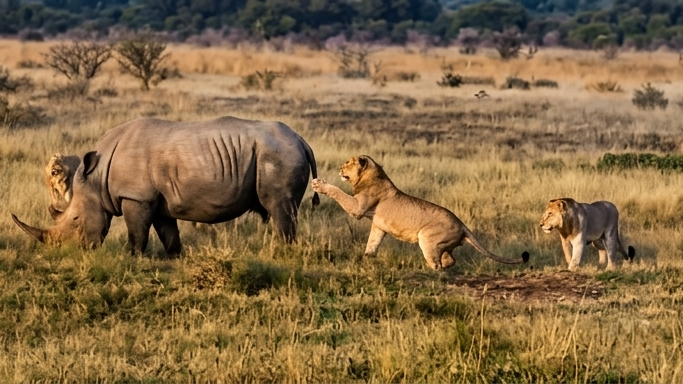 Watch what happens when lions sneak up on a rhino